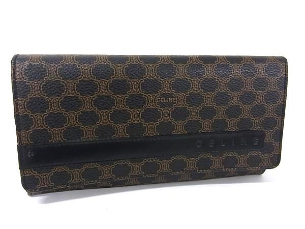 CELINE セリーヌ 財布 マカダム柄 長財布 - ブラック×ブラウン PVC レザー レディース がま口 ゴールド金具【本物保証】