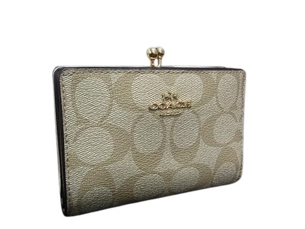 COACH コーチ 二つ折り財布 キスロック ミディアム ウォレット C8724 ベージュ系 シグネチャーキャンバス レザー レディース がま口 ゴールド金具 新古未使用展示品【本物保証】