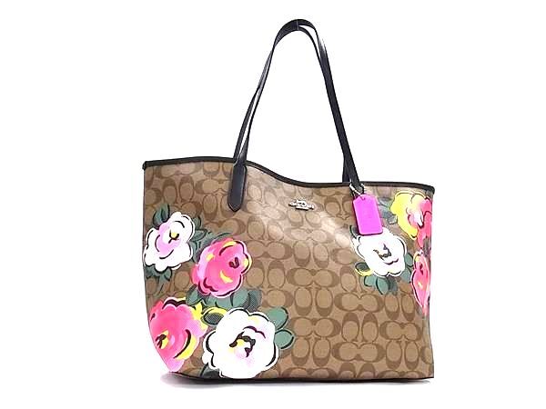 COACH コーチ トートバッグ シグネチャー C5785 ブラウン マルチカラー PVC レザー レディース フラワー 花柄 美品【本物保証】