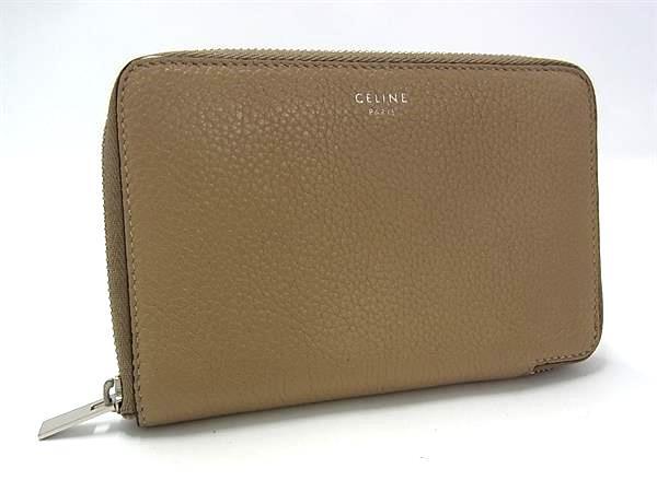 CELINE セリーヌ 財布 ミディアム ジップアラウンド ベージュ レッド レザー レディース ラウンドファスナー 二つ折り財布 シルバー金具【本物保証】
