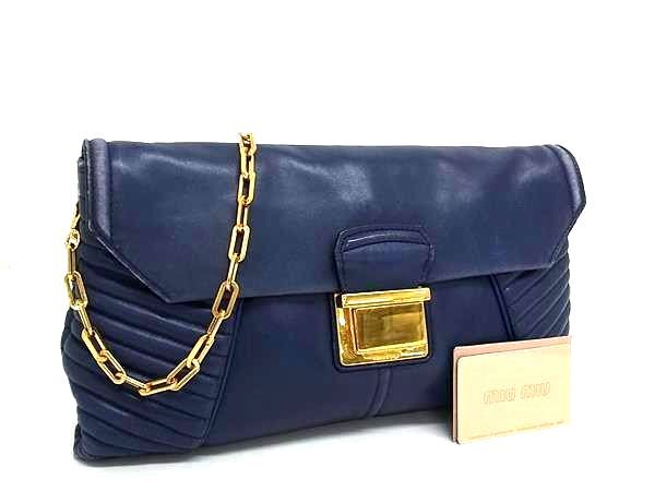 miumiu ミュウミュウ クラッチバッグ ナッパ バイカー RP383B ブルー系 レザー レディース 2WAY ショルダーバッグ チェーン ゴールド金具【本物保証】