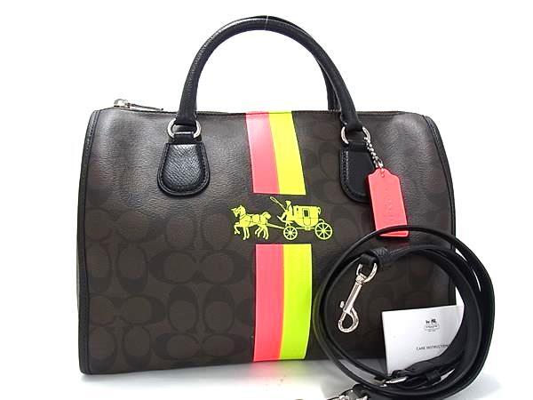 COACH コーチ ハンドバッグ シグネチャー ダブルストライプ ホース アンド キャリッジ ベネット サッチェル F33889 ブラウン ブラック イエロー レッド PVC レザー レディース 2WAY シルバー金具 新品未使用展示品【本物保証】