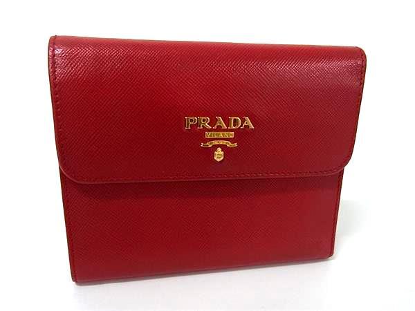 PRADA プラダ 財布 三つ折り財布 レッド サフィアーノレザー レディース ゴールド金具【本物保証】