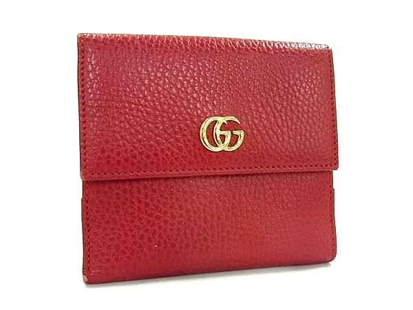 GUCCI グッチ 財布 GGマーモント 456122 レッド レザー レディース Wホック 二つ折り 財布 ゴールド金具 美品【本物保証】