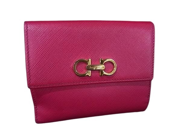 Salvatore Ferragamo フェラガモ 財布 ダブルガンチーニ JP-22-B852 ピンク レザー レディース 二つ折り財布 ゴールド金具【本物保証】