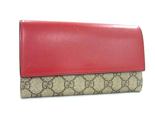 GUCCI グッチ 財布 GGスプリーム 410100 ベージュ レッド PVC×レザー レディース 二つ折り 長財布 美品【本物保証】