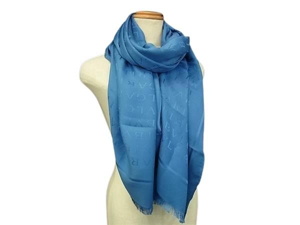 BVLGARI ブルガリ ストール ロゴマニア ブルー シルク60％×ウール40％ レディース フリンジ 美品【本物保証】