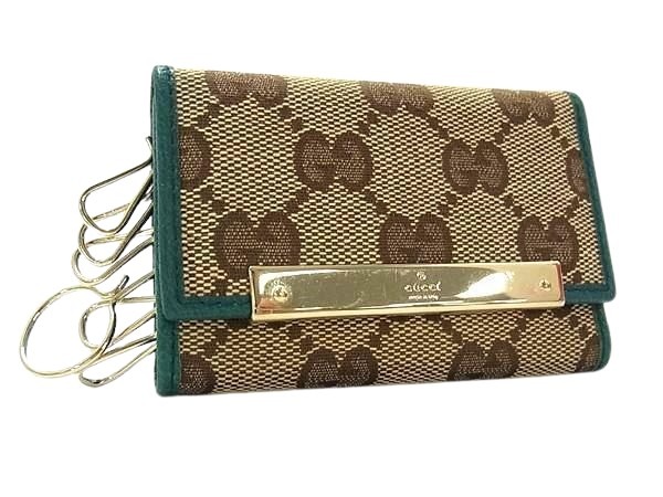 GUCCI グッチ キーケース GGキャンバス 127048 ベージュ ブラウン グリーン系 キャンバス レザー ユニセックス ゴールド金具 美品【本物保証】