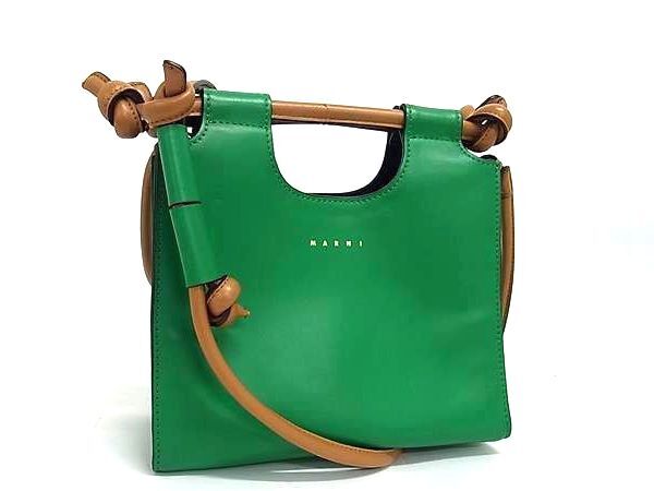 MARNI マルニ ハンドバッグ マルセル ノット BMMP0055Q0 グリーン系×ブラウン系×ブルー系 レザー レディース 2WAY ショルダーバッグ ゴールド金具 美品【本物保証】
