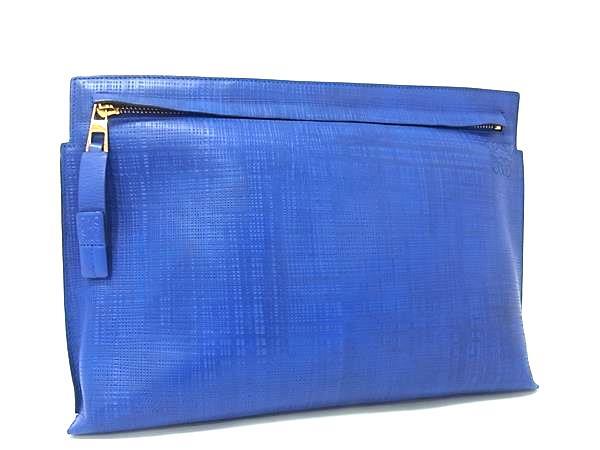 LOEWE ロエベ クラッチバッグ アナグラム Tポーチ 5217 06 ブルー レザー ユニセックス ゴールド金具 美品【本物保証】