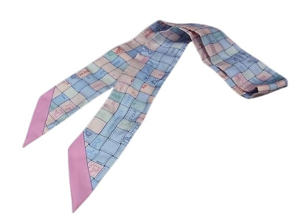 HERMES エルメス リボンスカーフ ツイリー ボルデュック チェック - ブルー系×ピンク系 シルク100% レディース 美品【本物保証】