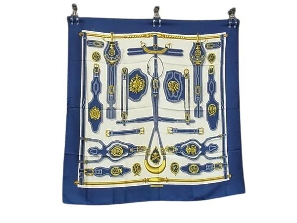 HERMES エルメス スカーフ カレ90 ブルー ホワイト シルク100% レディース HARNAIS DES PRESIDENTS 大統領の馬具 美品【本物保証】