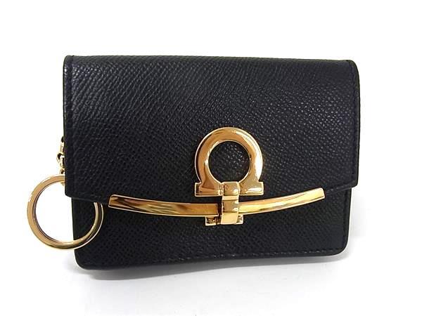 Salvatore Ferragamo フェラガモ 名刺入れ ガンチーニ カードケース 22 D198 ブラック レザー レディース ゴールド金具 美品【本物保証】