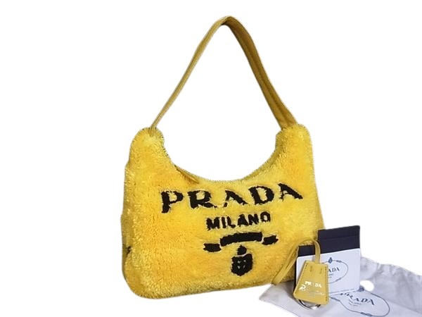 PRADA プラダ ハンドバッグ テリー ミニ ReEdition2000 1NE515 イエロー ブラック パイル レディース 白タグ 美品【本物保証】