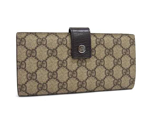 GUCCI グッチ 財布 GGスプリーム 115046 ベージュ ブラウン PVC レザー レディース Wホック 二つ折り 長財布 シルバー金具 美品【本物保証】