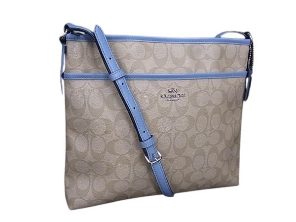 COACH コーチ ショルダーバッグ シグネチャ F58297 ベージュ ライトブルー PVC レザー ユニセックス シルバー金具【本物保証】