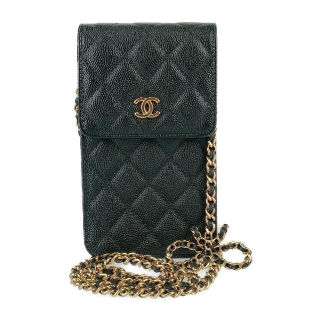 美品 CHANEL シャネル ショルダーバッグ マトラッセ フォンホルダー AP3307 ブラック ゴールド金具 キャビアスキン レディース リボンチェーン ポシェット キルティング【本物保証】