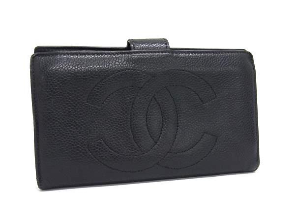 CHANEL シャネル 財布 ココマーク A13498 ブラック キャビアスキン レディース がま口 二つ折り 長財布 ゴールド金具【本物保証】