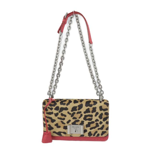 新古未使用展示品 PRADA プラダ 1BD009 ショルダーバッグ ハラコ オーストリッチ ブラウン系 レオパード 豹柄 チェーンショルダーバッグ【本物保証】