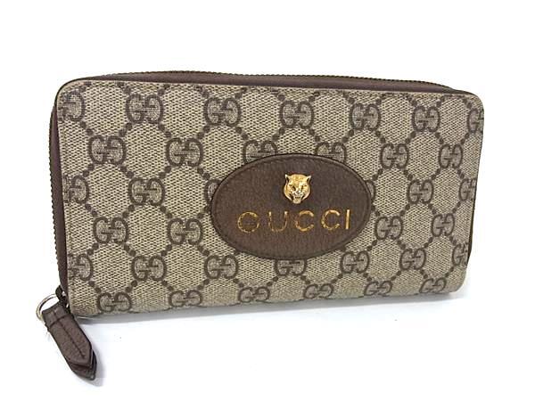 GUCCI グッチ 長財布 ネオ ヴィンテージ ジップアラウンドウォレット 473953 ベージュ×エボニー GGスプリームキャンバス レザー ユニセックス キャットヘッド ゴールド金具【本物保証】