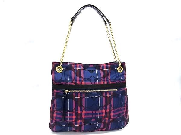 COACH コーチ ショルダーバッグ シグネチャー 21136 マルチカラー キャンバス レディース チェック柄 チェーン 美品【本物保証】