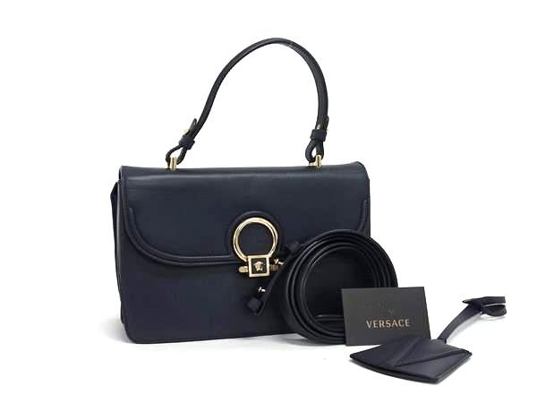 VERSACE ヴェルサーチェ ハンドバッグ メデューサ - ネイビー レザー レディース 2WAY ゴールド金具【本物保証】