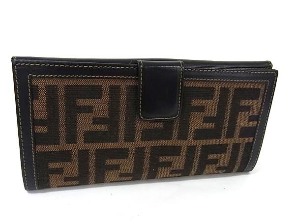 FENDI フェンディ 二つ折り財布 ズッカ Wホック 長財布 2804 01339 ブラウン系×ブラック系 キャンバス×レザー ユニセックス SAS ヴィンテージ 美品【本物保証】