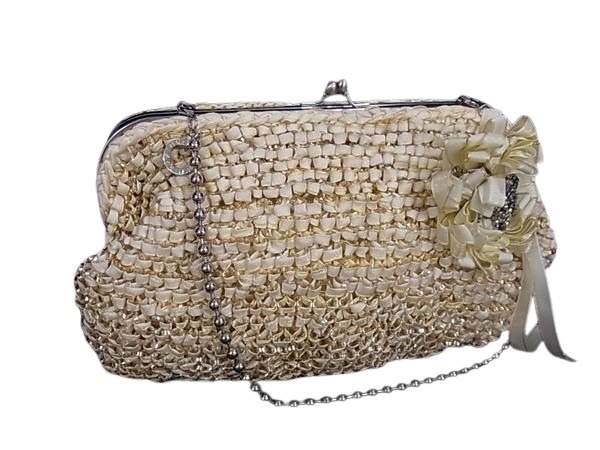 ANTEPRIMA アンテプリマ ハンドバッグ がま口 バッグ ライトベージュ系 PVCワイヤー サテン レディース パーティーバッグ リボン フラワー 花 シルバー金具 美品【本物保証】