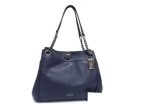 COACH コーチ トートバッグ 36855 ネイビー レザー レディース ターンロック チェーン 美品【本物保証】