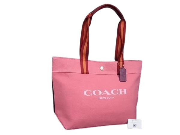 COACH コーチ トートバッグ C8293 ピンク×レッド キャンバス×レザー レディース 美品【本物保証】