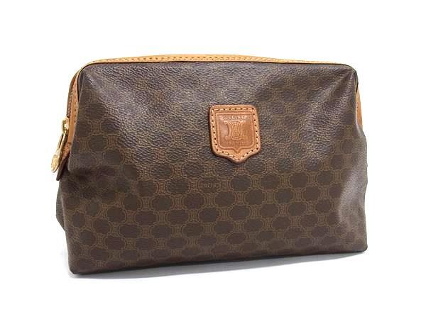 CELINE セリーヌ セカンドバッグ マカダム柄 ポーチ - ブラウン系 PVC×レザー レディース 化粧ポーチ ヴィンテージ 美品【本物保証】