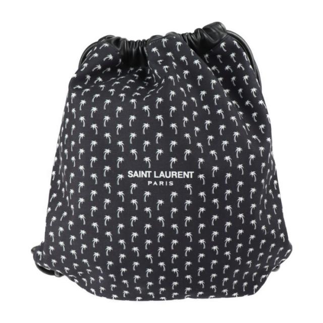 超美品 SAINT LAURENT PARIS サンローランパリ バッグ 553919 HPＱ4E 1070 リュック・デイパック キャンバス ラムスキン ブラック ドローストリング 巾着型 バックパック パームツリー ヤシの木柄【本物保証】