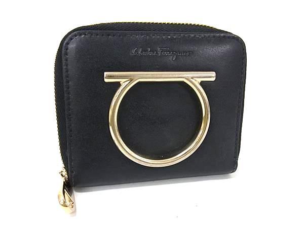 Salvatore Ferragamo フェラガモ 財布 ガンチーニ 22 D290 ブラック レザー ユニセックス ラウンドファスナー 二つ折り 財布【本物保証】