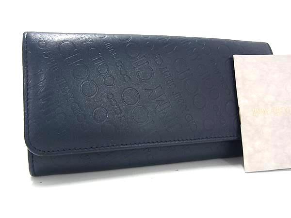 JIMMY CHOO ジミーチュウ 長財布 NINO ニノ フラップウォレット ネイビー 型押しレザー ユニセックス エンボスロゴ 美品【本物保証】