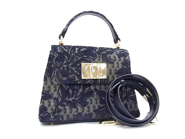 FURLA フルラ ハンドバッグ 1927 ミニ トップハンドル WB00109 ネイビー系 ビスコース×レザー レディース 2WAY ショルダーバッグ ゴールド金具 超美品【本物保証】