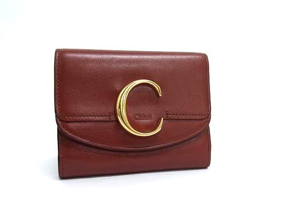 Chloe クロエ 財布 クロエC ブラウン レザー レディース Wホック 三つ折り 財布 ゴールド金具【本物保証】