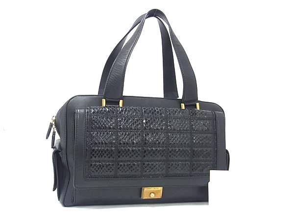 JIMMY CHOO ジミーチュウ ハンドバッグ ブラック レザー パイソン型押しレザー レディース ゴールド金具 美品【本物保証】