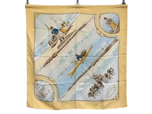 HERMES エルメス スカーフ カレ90 GRONLAND グリーンランド エスキモー 犬ぞり - ベージュ系 マルチカラー シルク100% レディース【本物保証】