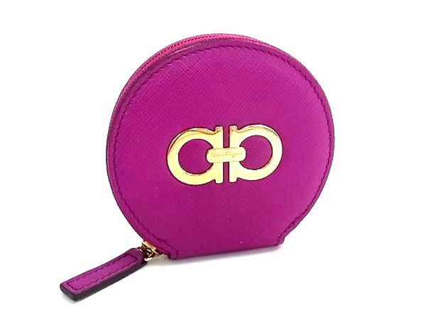 Salvatore Ferragamo フェラガモ ケース ダブルガンチーニ 22 B203 パープル系 レザー レディース ラウンドファスナー ゴールド金具 美品【本物保証】