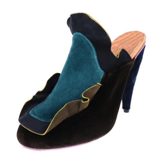 新品未使用展示品 FENDI フェンディ シューズ - サンダル 表記サイズ 36 1/2 ベルベット ブラック ミュール フリル 参考サイズ 23.5cm【本物保証】