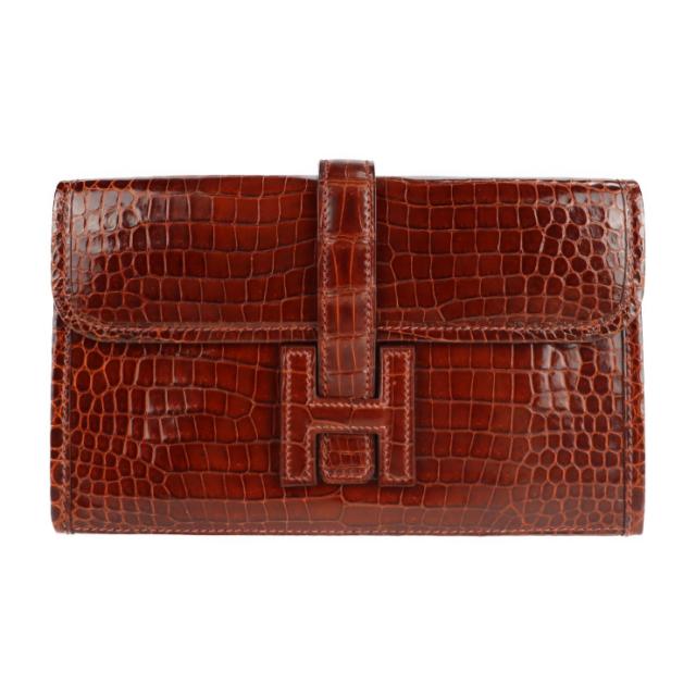 美品 HERMES エルメス ジジェ ミニ - クラッチバッグ ポロサス ミール ミエル ブラウン系 Hロゴ クロコダイル □I 刻印【本物保証】