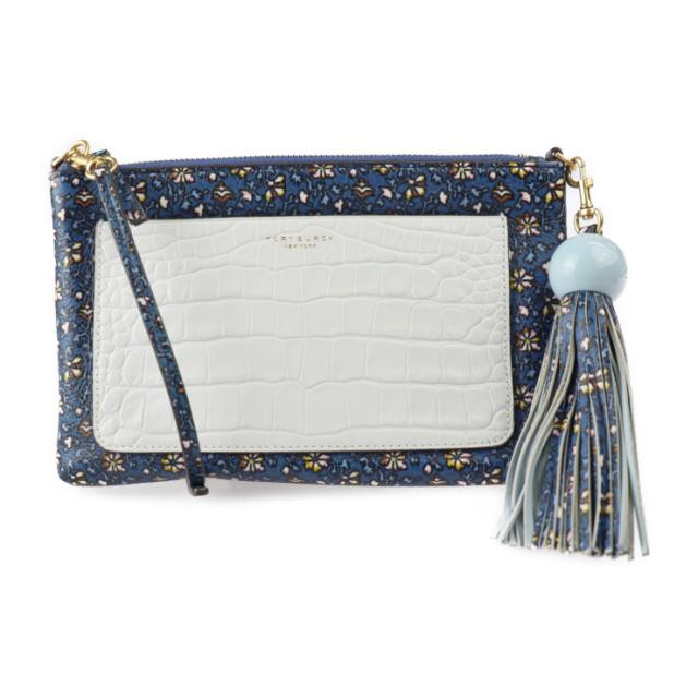 超美品 Tory Burch トリーバーチ カラーブロック タッセル クロスボディ - ショルダーバッグ レザー BLUE WILD PANSY ブルー系マルチカラー 2WAY クラッチバッグ ポーチ 花柄 フラワープリント クロコ型押し【本物保証】