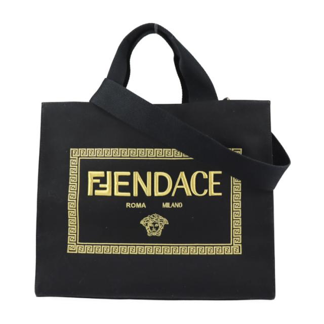 新古未使用展示品 FENDI フェンディ フェンダーチェ 7VA558 トートバッグ キャンバス ブラック ヴェルサーチ コラボ 2WAY ショルダーバッグ【本物保証】