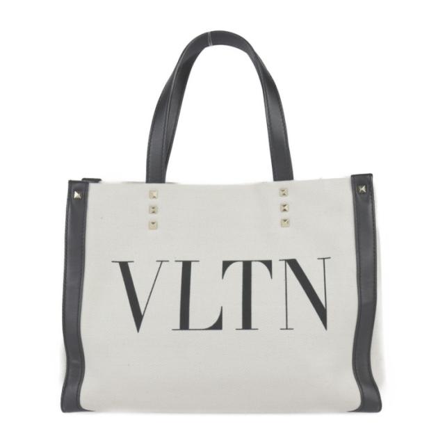 Valentino Garavani ヴァレンティノ ガラヴァーニ VLTN ミニ トート XW2B0H19 FWB EX9 トートバッグ キャンバス レザー ナチュラル スモールトート ハンドバッグ スタッズ ロゴプリント【本物保証】