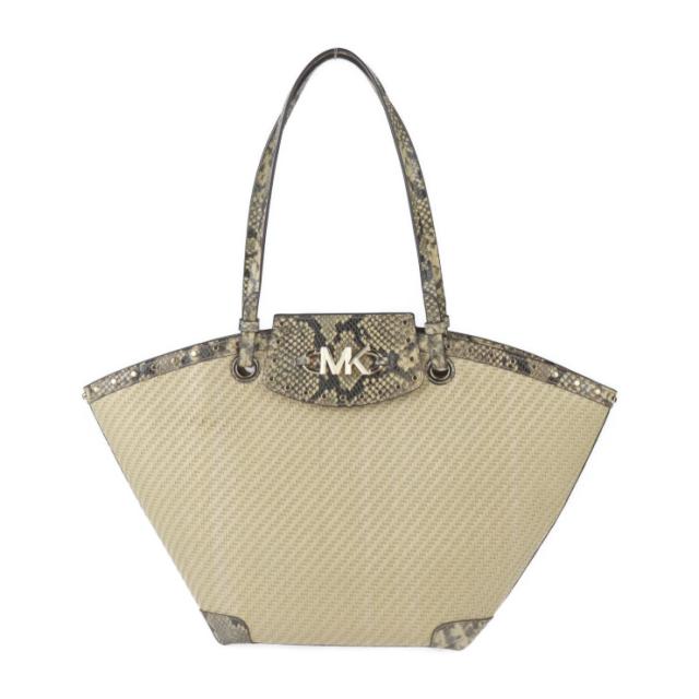 美品 Michael Kors マイケルコース Izzy Medium イジー ミディアム 30T1GZYT8W トートバッグ ストロー パイソン型押しレザー ナチュラル ショルダーバッグ【本物保証】
