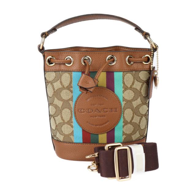 新古未使用展示品 COACH コーチ デンプシー ドローストリング バケット 15 C5639 ハンドバッグ シグネチャー ジャガード × レザー ブラウン系 2WAY ショルダーバッグ ミニバッグ 巾着型【本物保証】