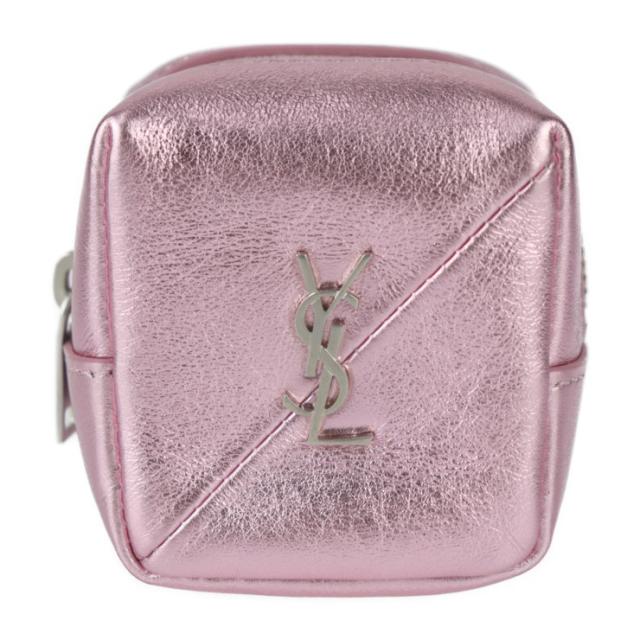超美品 SAINT LAURENT PARIS サンローランパリ ジェイミーキューブ ポーチ 669964 キーホルダー レザー メタリックピンク ミニポーチ バッグチャーム スクエア ケース 小物入れ【本物保証】