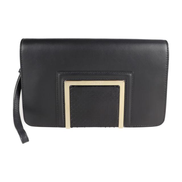 超美品 JIMMY CHOO ジミーチュウ ALARA クラッチバッグ パイソン カーフレザー ブラック ゴールド金具 リストレット セカンドバッグ【本物保証】