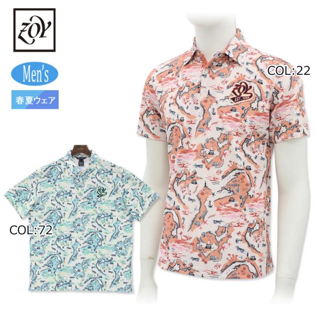 ゾーイ ZOY 071442006 メンズ 半袖ポロシャツ ランドスケーププリント ゴルフウェア スポーツウェア 春夏