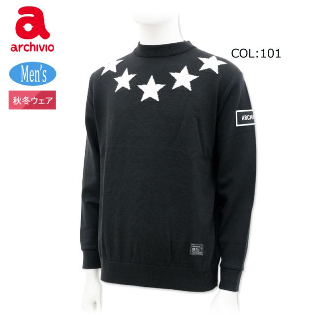 アルチビオ archivio A428001 メンズ 長袖 セーター 丸首 星柄 吸湿発熱 ストレッチ ゴルフウェア スポーツウェア 秋冬